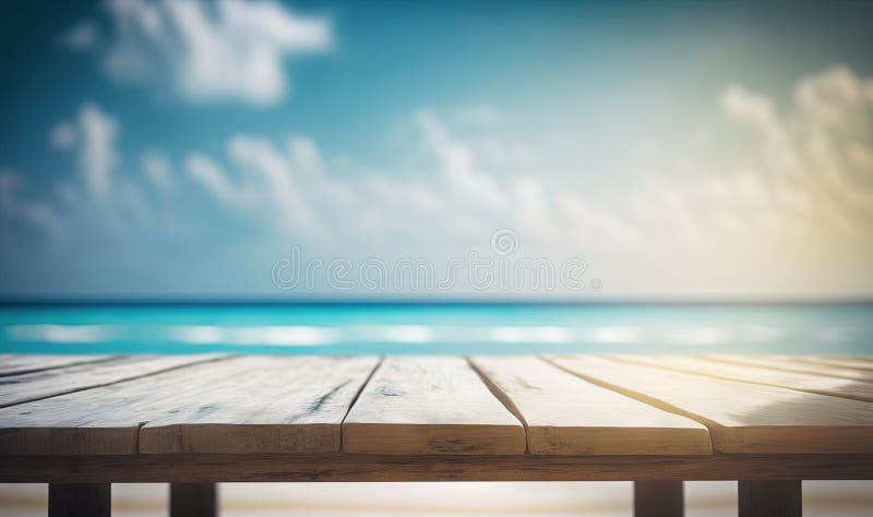 A Wooden Table Sitting on Top of a Beach Next To the Ocean Stock ...