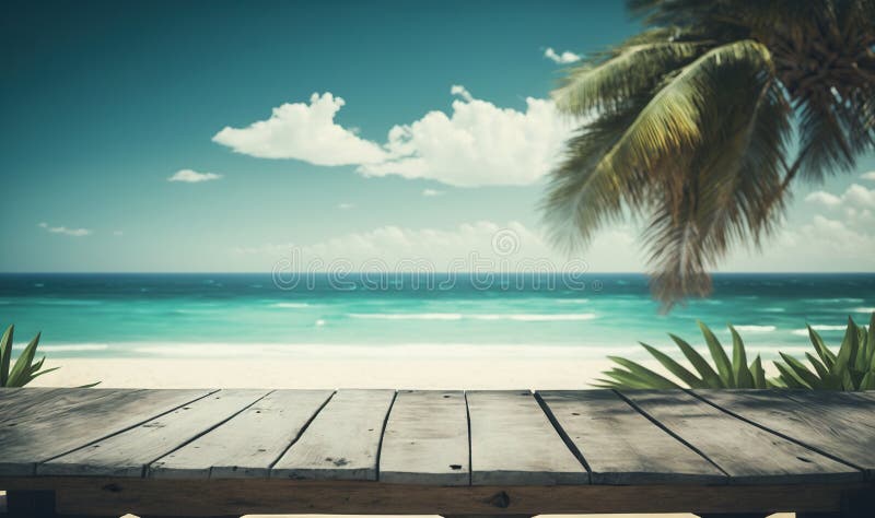 A Wooden Table Sitting on Top of a Beach Under a Palm Tree Stock ...