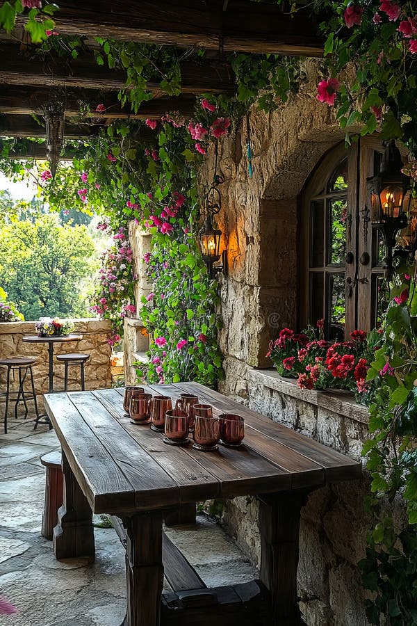 A Wooden Table Sitting on Top of a Stone Patio Stock Image - Image of ...