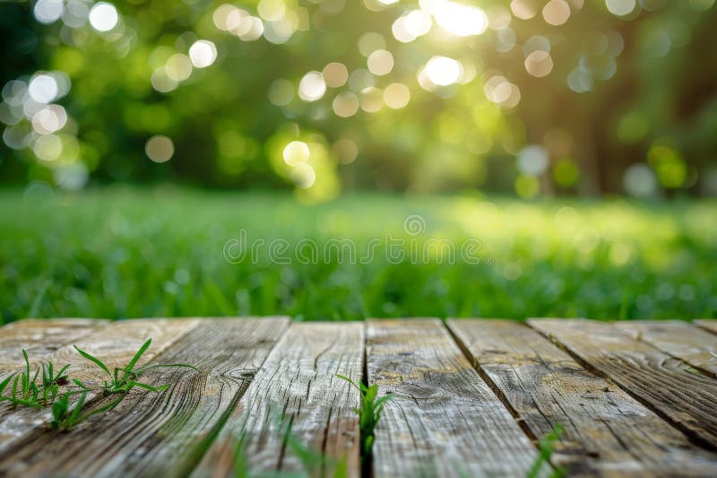 Wooden Table with Grass Background Stock Illustration - Illustration of ...