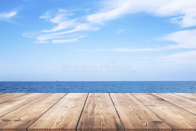 Wooden Table with Sky Clouds and Tropical Sea Background Stock Image ...