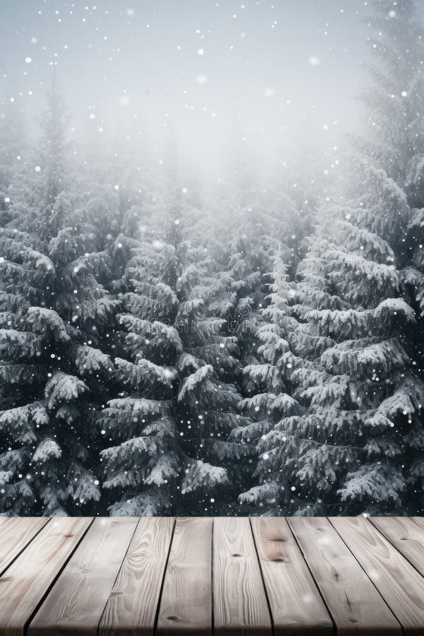 Wooden Table in Snowy Forest Stock Image - Image of rustic, table ...