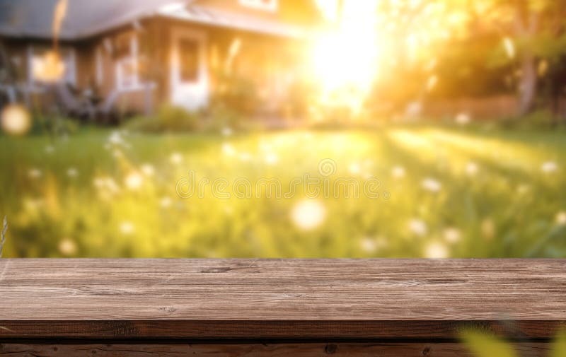 Wooden Table Space with Home Backyard, Blurred Background for ...