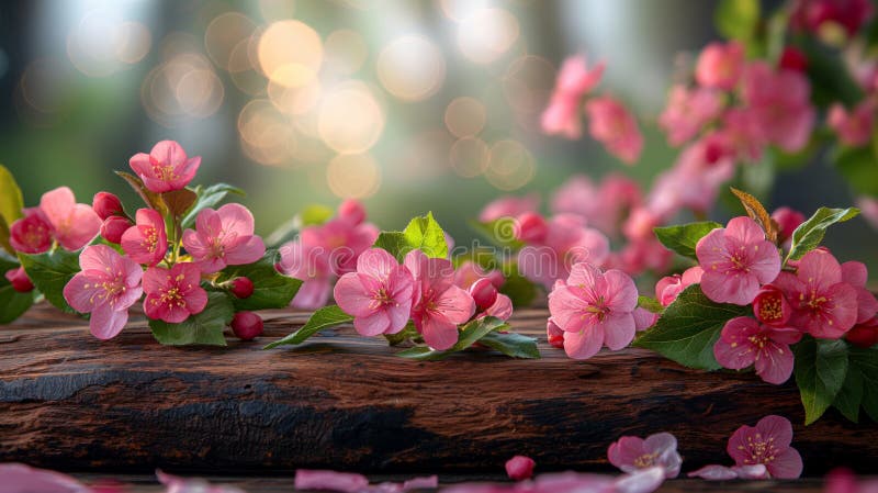 Wooden Table with Spring Leaves and Flowers on Bokeh Background Stock ...