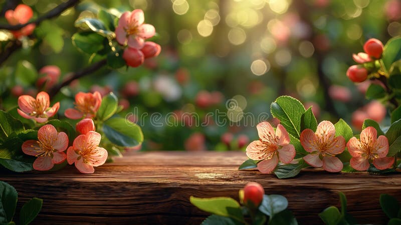 Wooden Table with Spring Leaves and Flowers on Bokeh Background Stock ...
