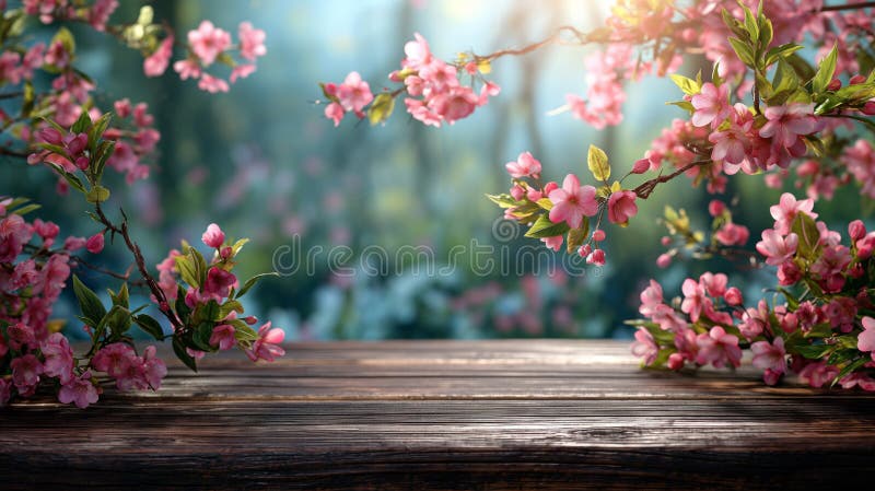 Wooden Table with Spring Leaves and Flowers on Bokeh Background Stock ...