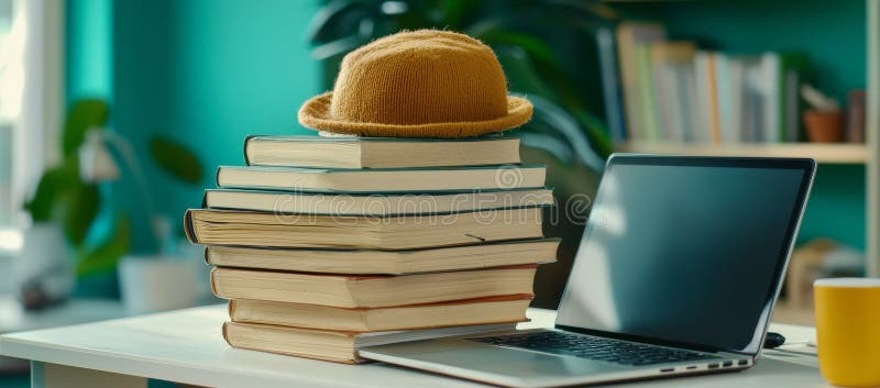 On a Wooden Table with a Stack of Books and a Laptop, There is Space ...