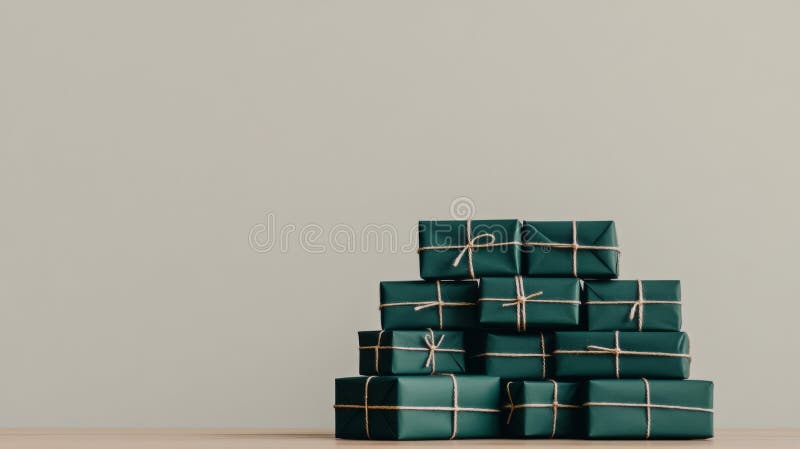 On a Wooden Table, a Stack of Green Presents, Wrapped in Festive Paper ...