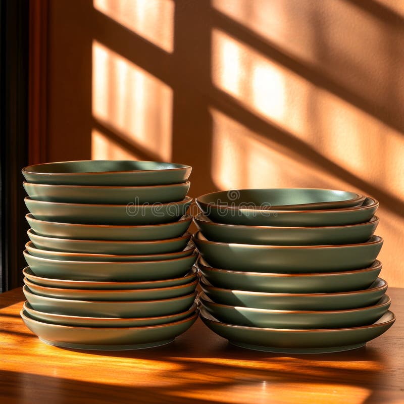 On a Wooden Table, a Stack of Stoneware Dishes in Earthy Tones is ...