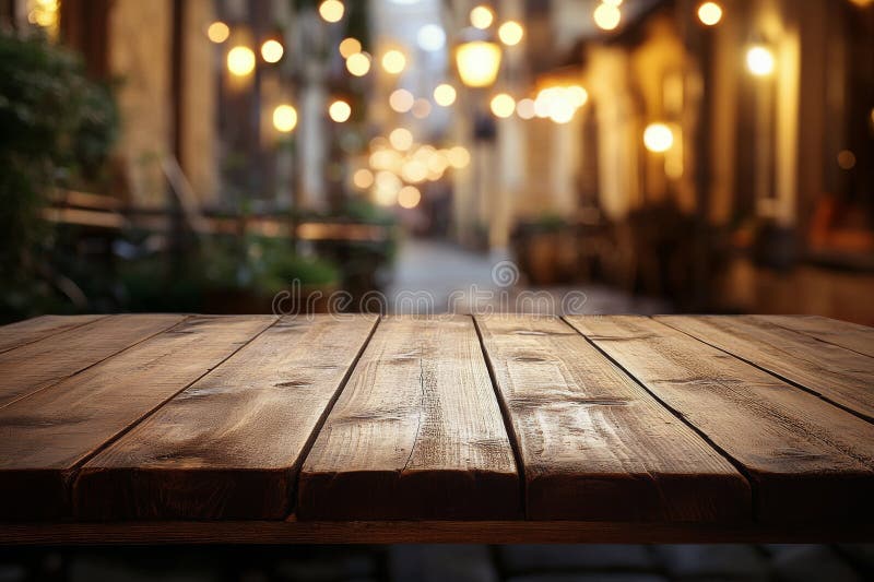 Rustic Wooden Table in a Warmly Lit Outdoor Caf Setting during Evening ...