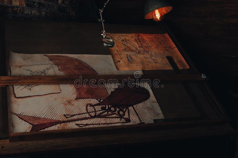 Wooden Table of a Steampunk Work Room Stock Image - Image of wooden ...