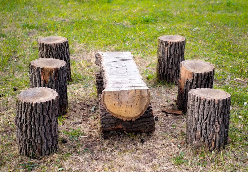 Wooden Table and Stools Made from Tree Logs Stock Image - Image of ...
