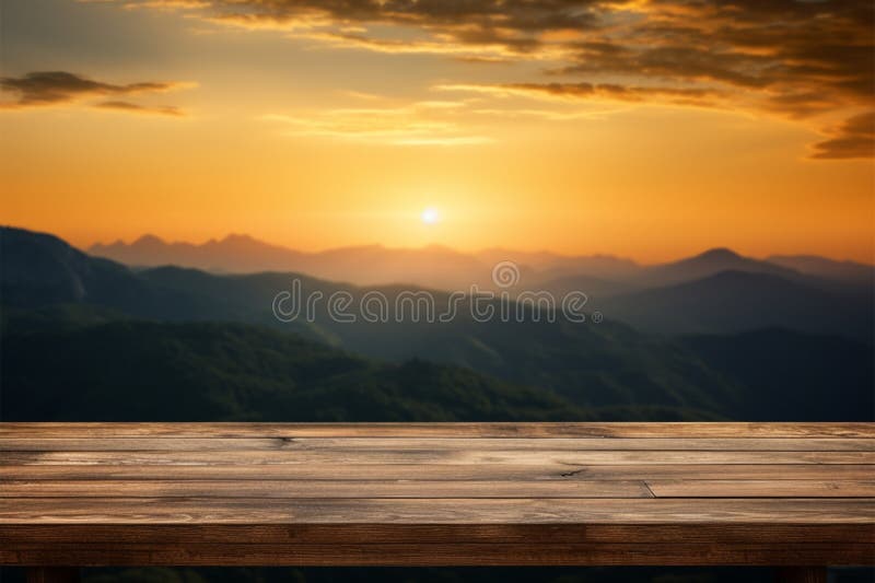 Wooden Table with a Stunning Sunset Sky and Mountain Backdrop Stock ...