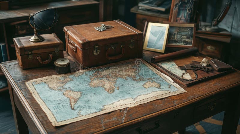 Wooden Table with Suitcase Maps Photos and Vintage Decor Items Stock ...