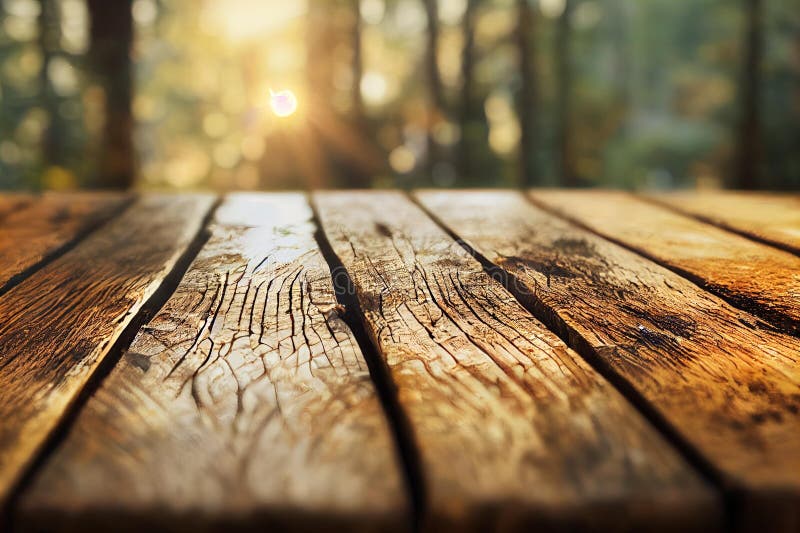 A Wooden Table with the Sun Shining through the Trees in the Background ...