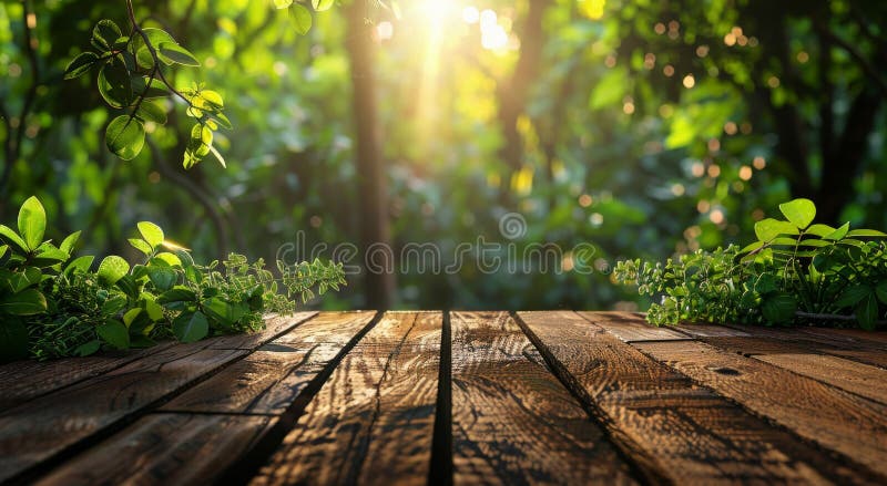 Wooden Table with Sunlight Filtering through Trees Stock Photo - Image ...
