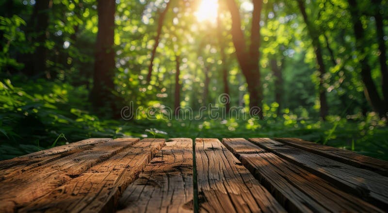 Wooden Table with Sunlight Filtering through Trees Stock Image - Image ...