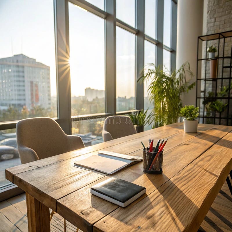 Wooden Table in Sunny Office with Big Windows Stock Image - Image of ...