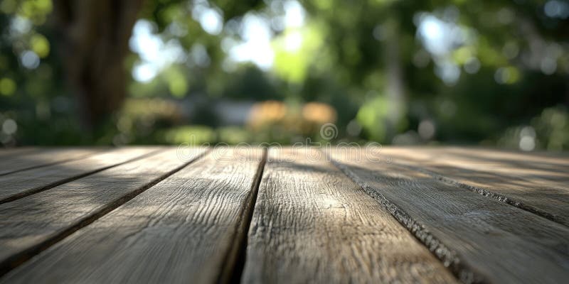 Wooden Table Surface with Blurred Garden Background: Close-up of a ...
