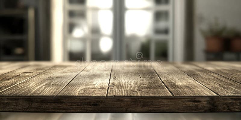 Wooden Table Surface with Blurred Garden Background: Close-up of a ...