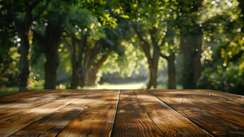 Wooden Table Surface in Front of a Blurred Forest Scene during Summer ...