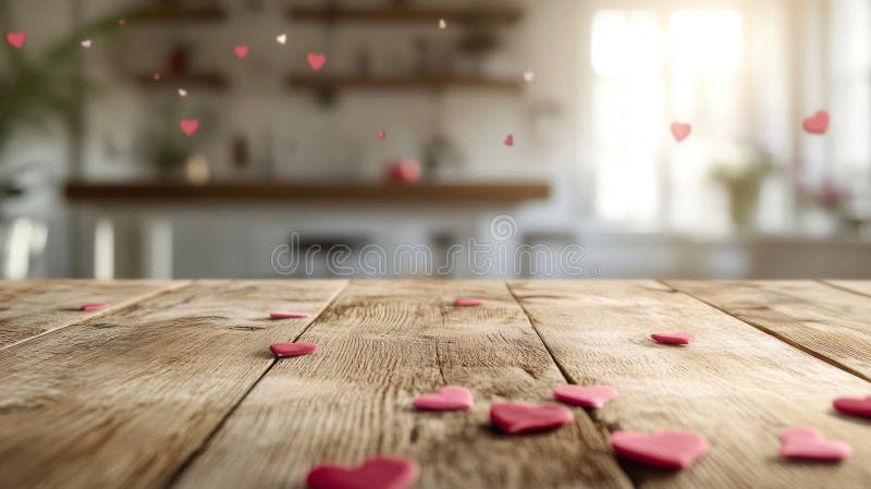 Wooden Table Surface with Heart Decorations in a Bright Kitchen with ...