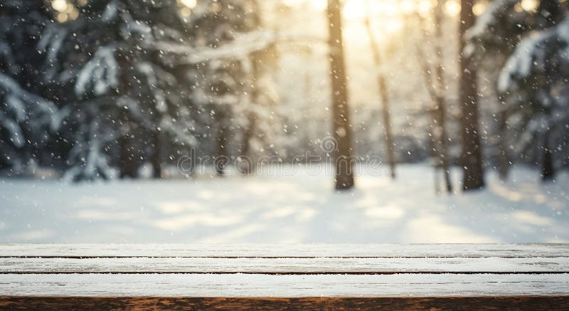 Wooden Table Surface Lightly Dusted with Snow in the Foreground. in the ...