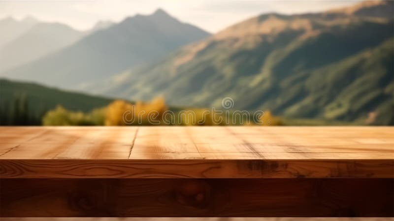 Surface of a Wooden Table with a Wide View Over the Mountains for ...