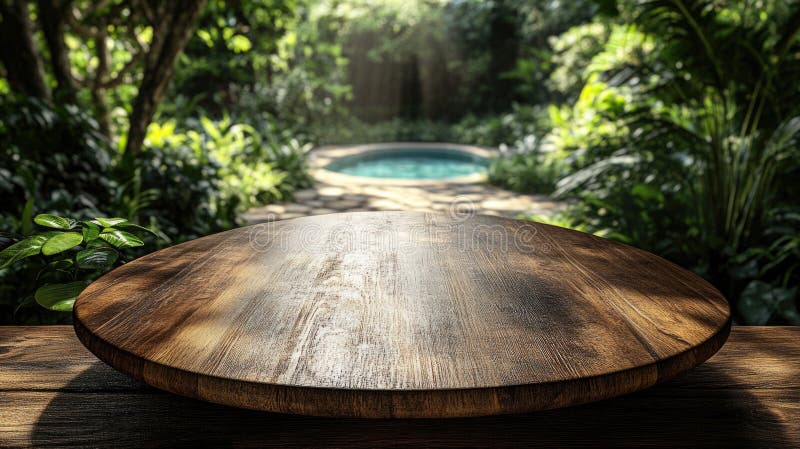 Wooden Table Surface Overlooking Lush Garden with Circular Pool in ...