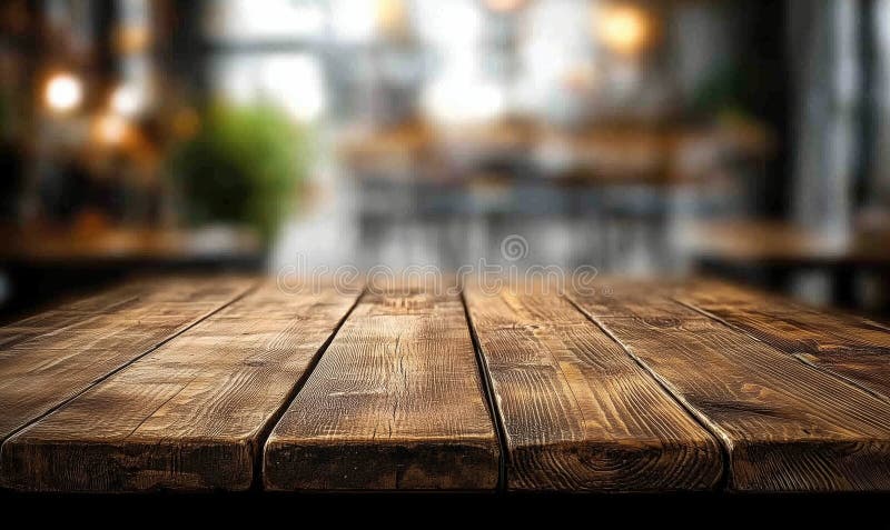 Wooden Table Surface with Rustic Texture in Blurred Cafe Background ...