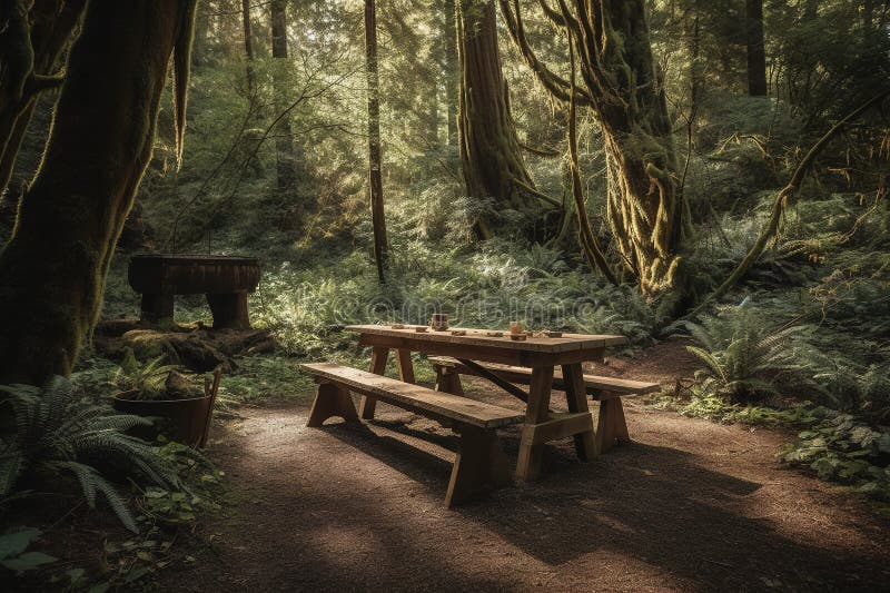 Wooden Table Surrounded by Trees in a Forest Setting Stock Illustration ...