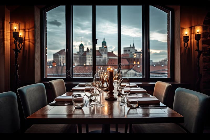 A Wooden Table, Surrounded by Windows with a View of the City, Set for ...