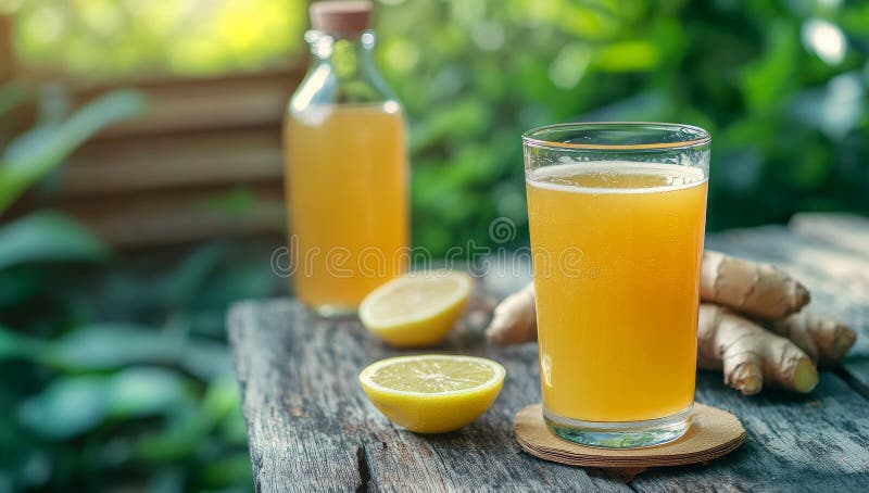 On a Wooden Table, a Tall Glass of Fresh Ginger Ale is Placed on a Copy ...