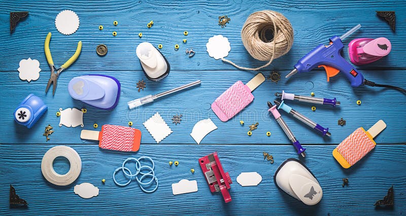 Wooden Table with Tools for Scrapbooking Stock Photo - Image of desktop ...