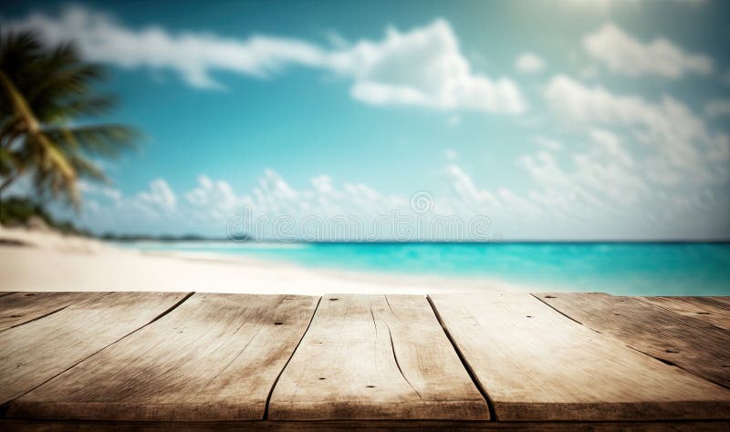 A Wooden Table Top with a Beach in the Back Ground Stock Illustration ...