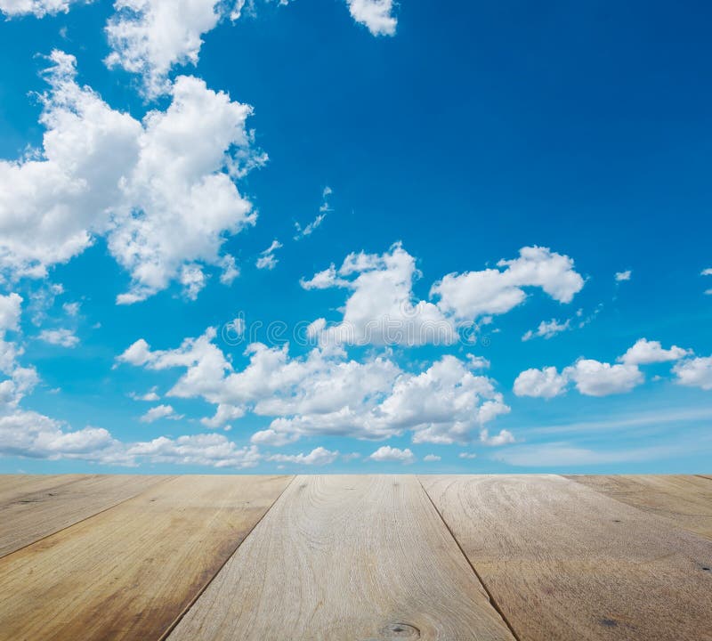 Wooden Table Top with Beautiful Sky with Clouds Stock Image - Image of ...