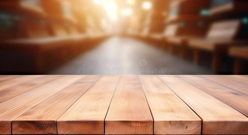 A Wooden Table Top with a Blur Background of Lights in the Background ...