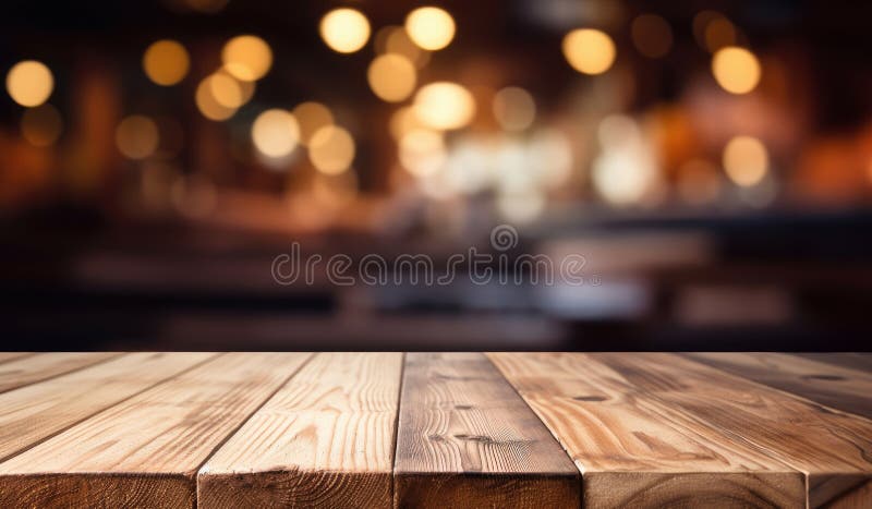 A Wooden Table Top with a Blur Background of Lights in the Background ...