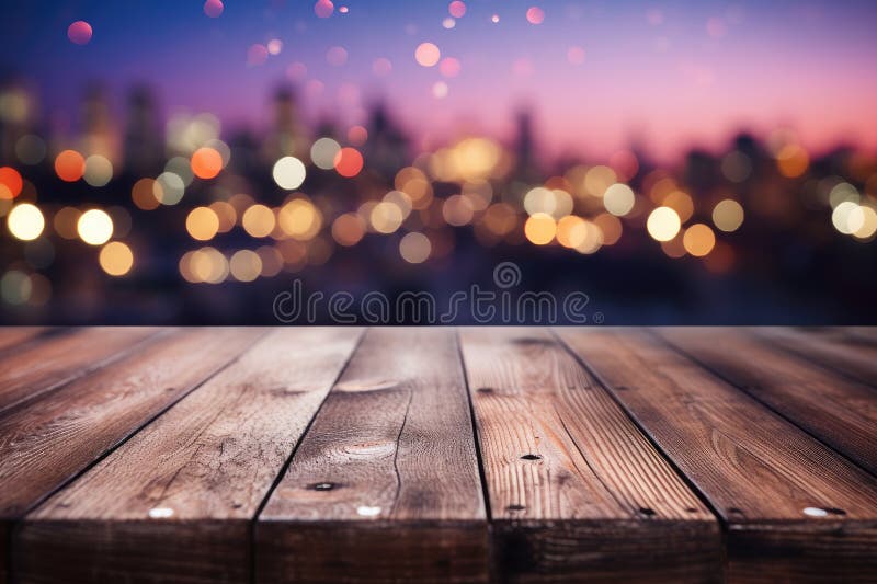 A Wooden Table Top with a Blur Background of Lights in the Background ...