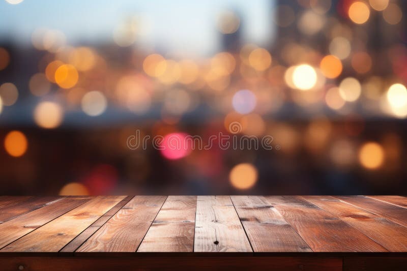 A Wooden Table Top with a Blur Background of Lights in the Background ...