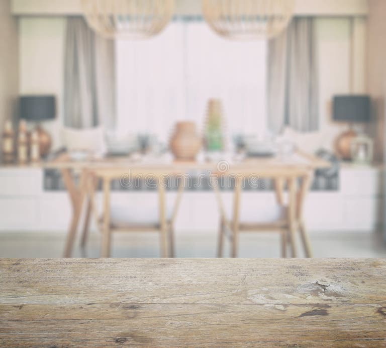 Wooden Table Top with Blur of Dining Room Stock Image - Image of home ...