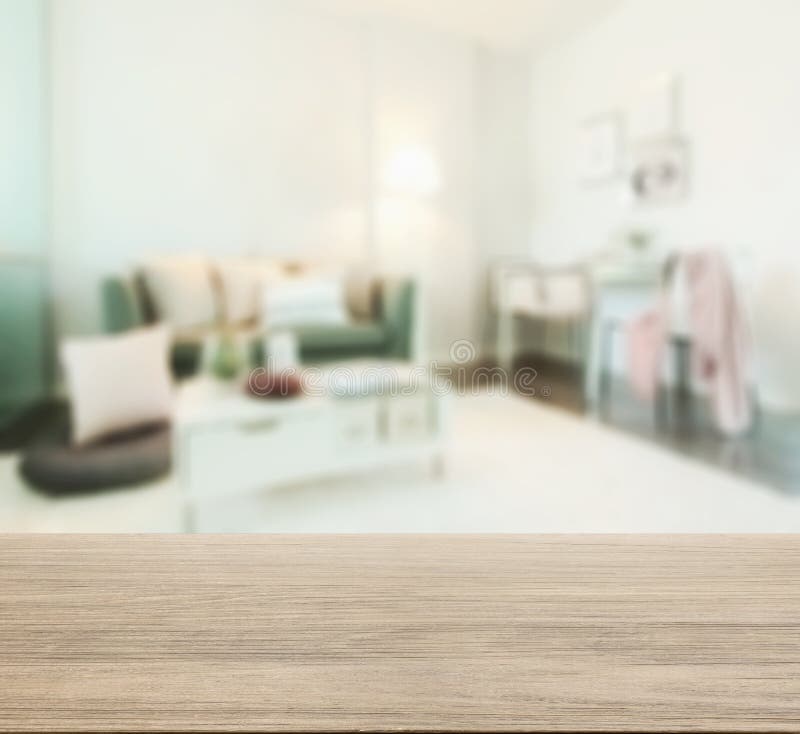 Wooden Table Top with Blur of Living Room in Modern Interior Style ...