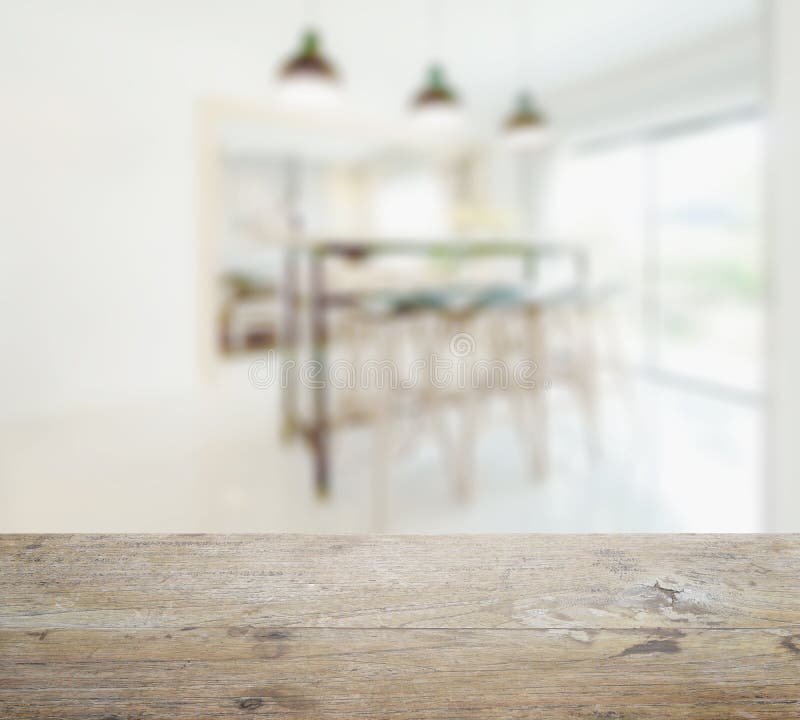 Wooden Table Top with Blur of Modern Dining Table in Dining Room Stock ...