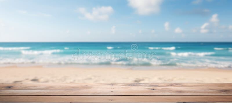 Wooden Table Top on Blurred Beach Background Stock Illustration ...