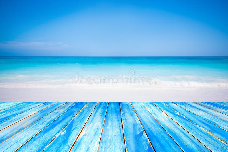 Wooden Table Top on Blurred Beach Background Stock Photo - Image of ...