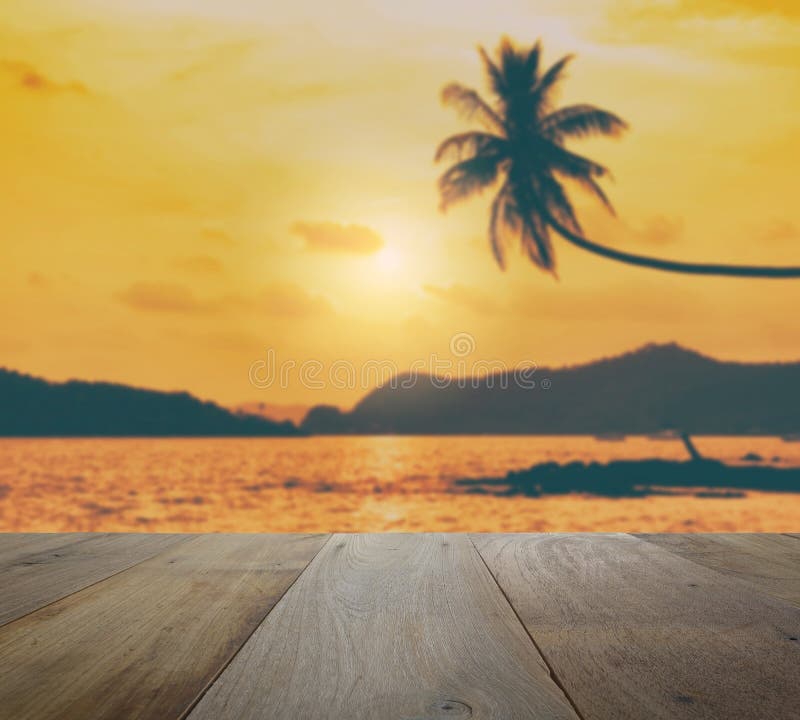 Wooden Table Top Blurred Coconut Tree Hanging Over Tropical Beach ...