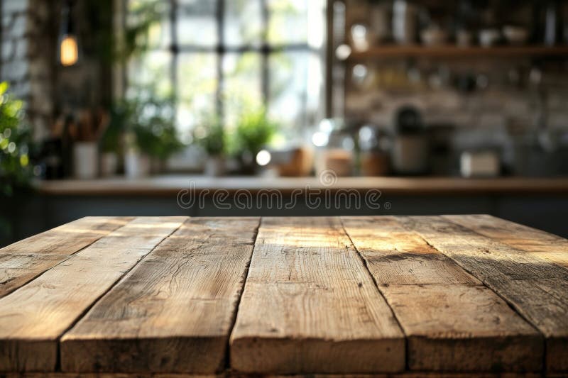 Wooden Table Top with a Blurred Kitchen Counter Backdrop, Ideal for ...