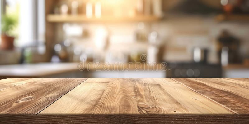 Blurry Kitchen in Background, Wooden Table Top Stock Photo - Image of ...