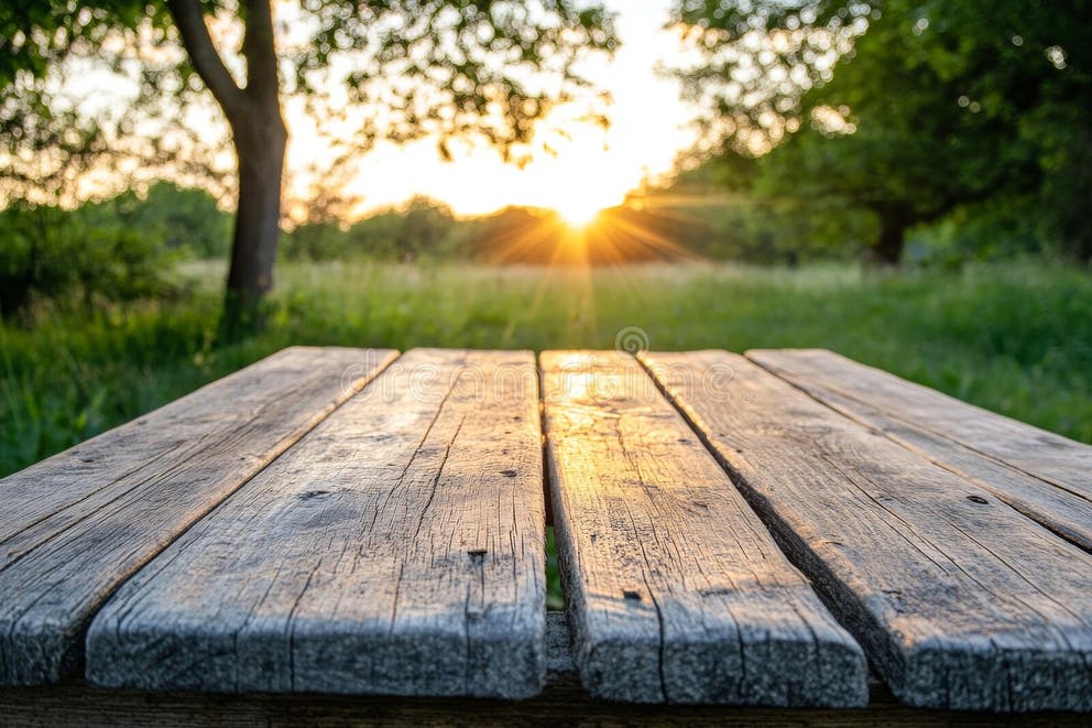 A Wooden Table Top Devoid of Objects Sits in Front of a Blurred Green ...