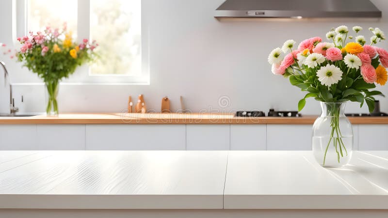 Wooden Table Top with Flowers on Blurred Minimalist Kitchen Bench ...